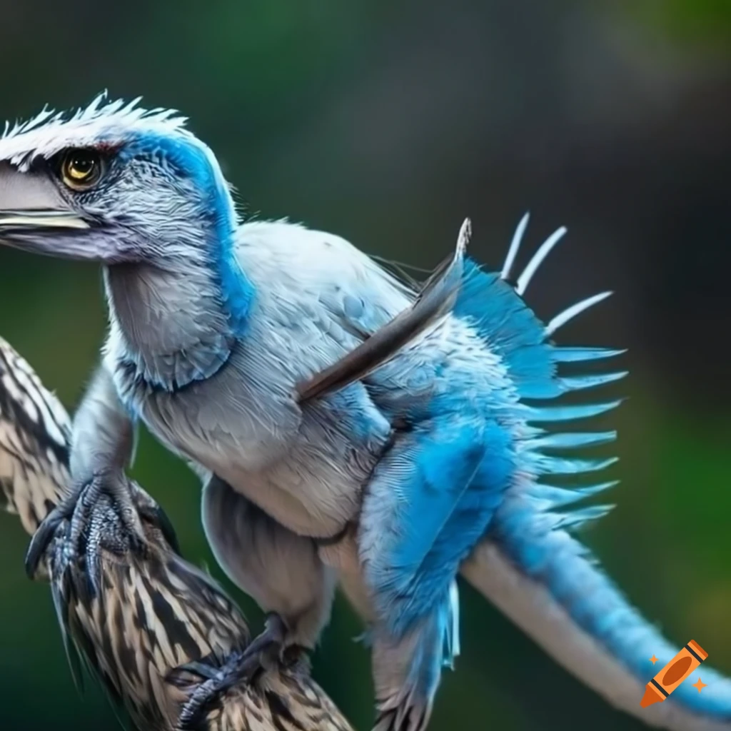Fluffy blue and white micro raptor feathered dinosaur on Craiyon