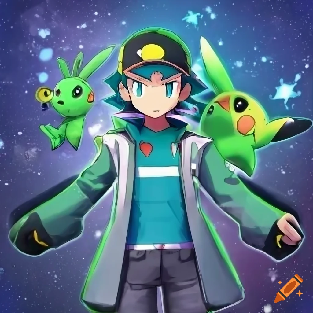 Male Pokemon trainer with teal hair and long coat in astrology-themed ...