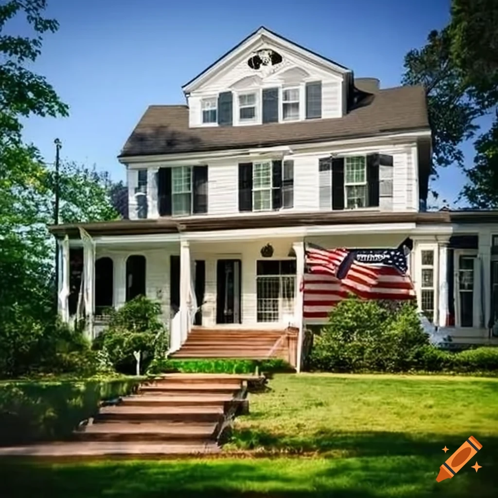 Elegant colonial-style home with american flag on the front porch on ...
