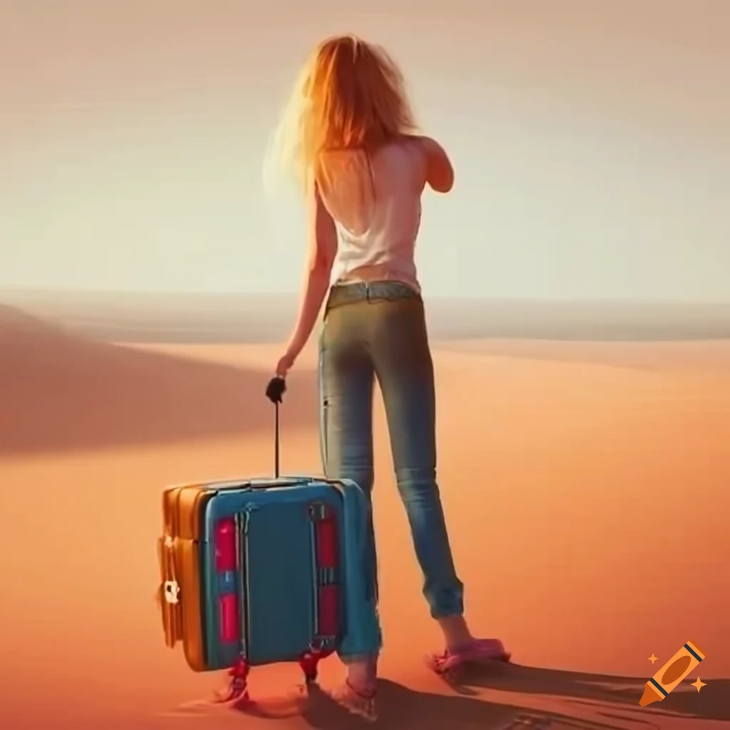 Blonde Girl With A Suitcase Looking In The Desert On Craiyon