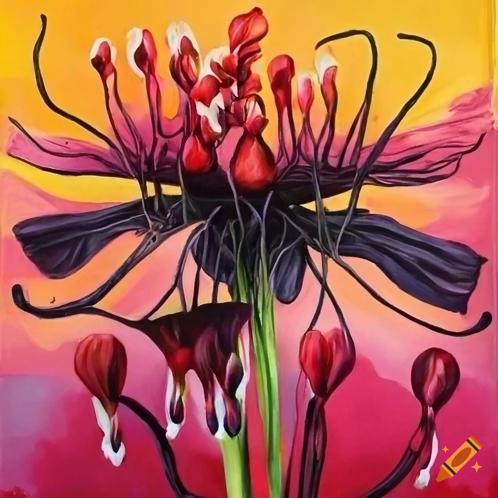 Acrylic painting of tacca chantrieri and dicentra spectabilis flowers ...