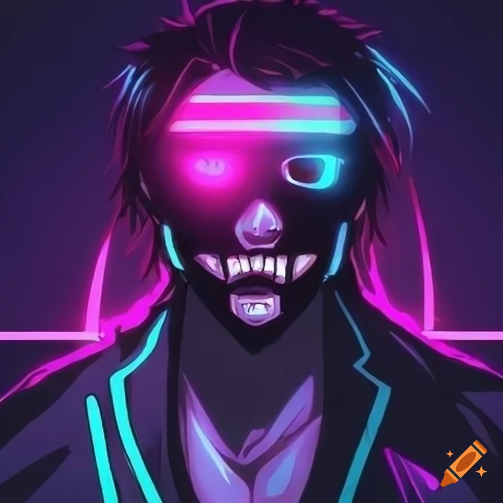 Synthwave scene with sun and male anime character wearing a mask and ...