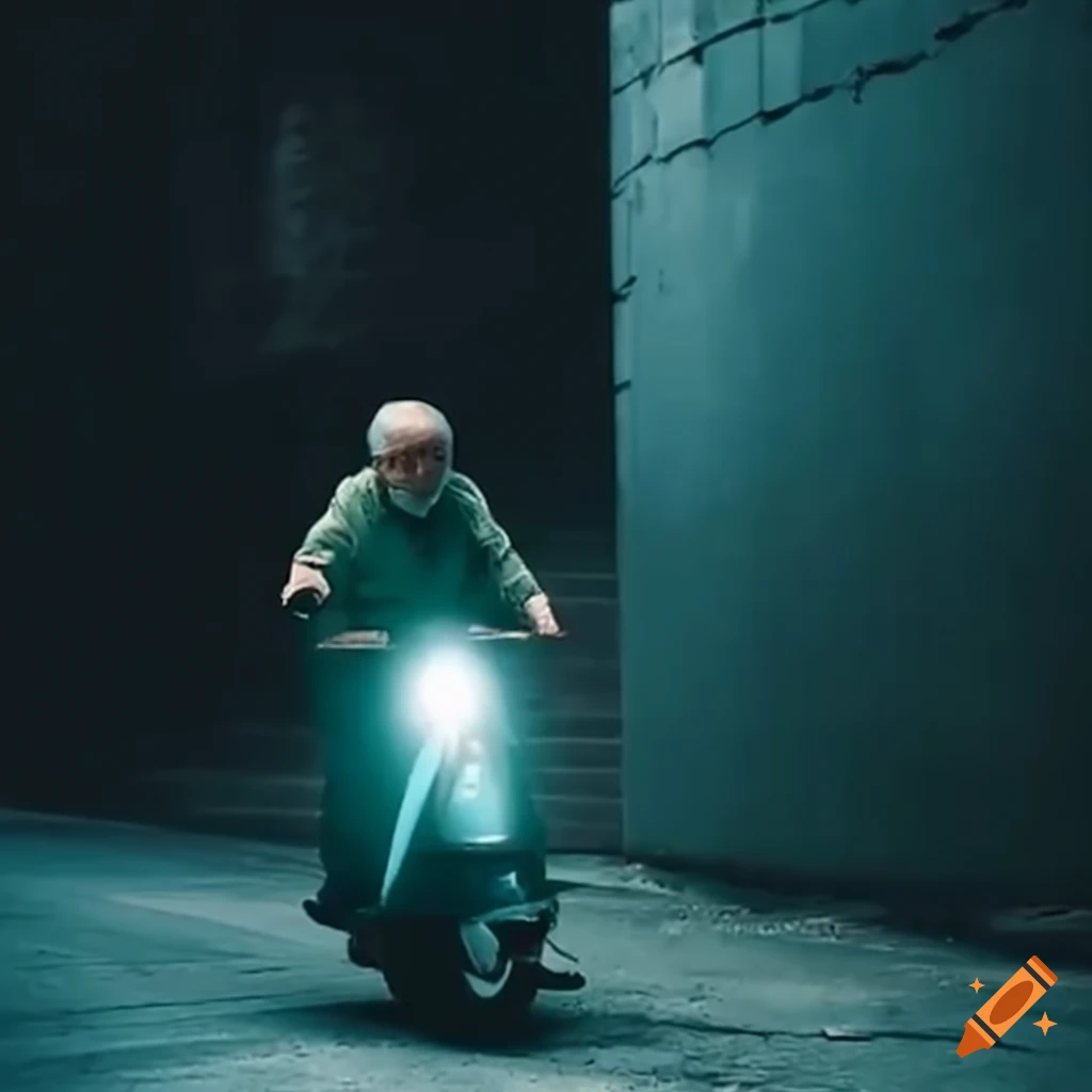 Elderly man towing his electric two-wheeler on Craiyon