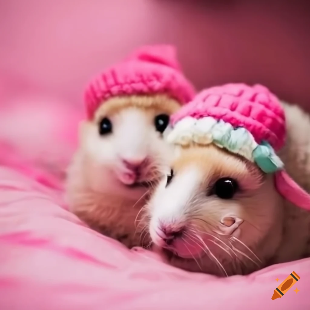 Two sheep in bed, one wearing a pink beanie and the other with an ...