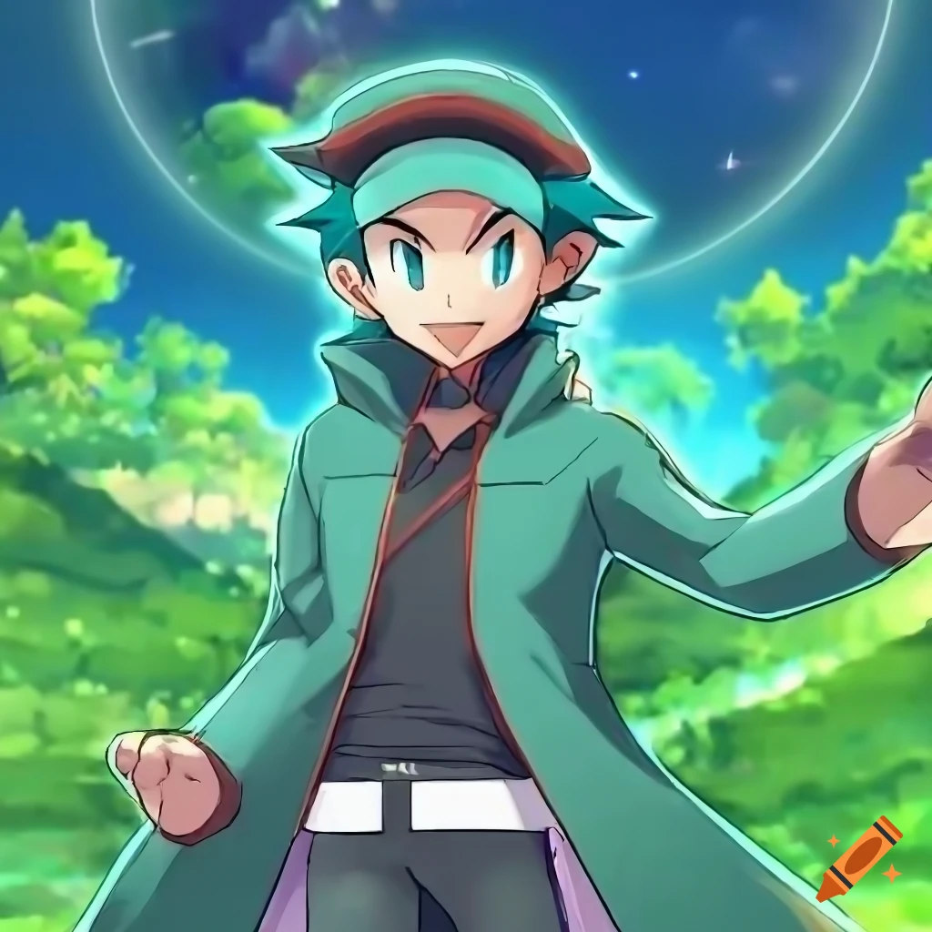 Male Pokemon trainer with teal hair and astrology theme on Craiyon