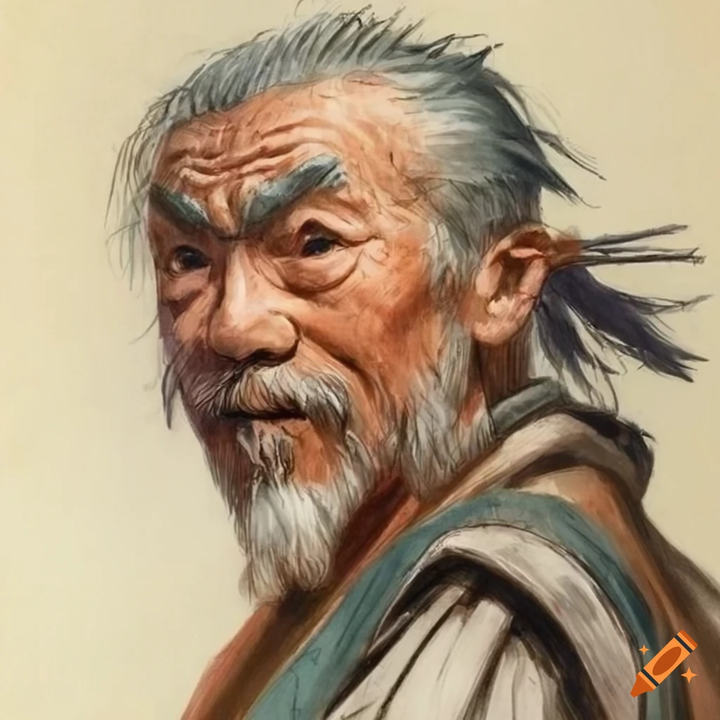 Drawing of legendary swordsman Zatoichi by artist James Gurney on Craiyon