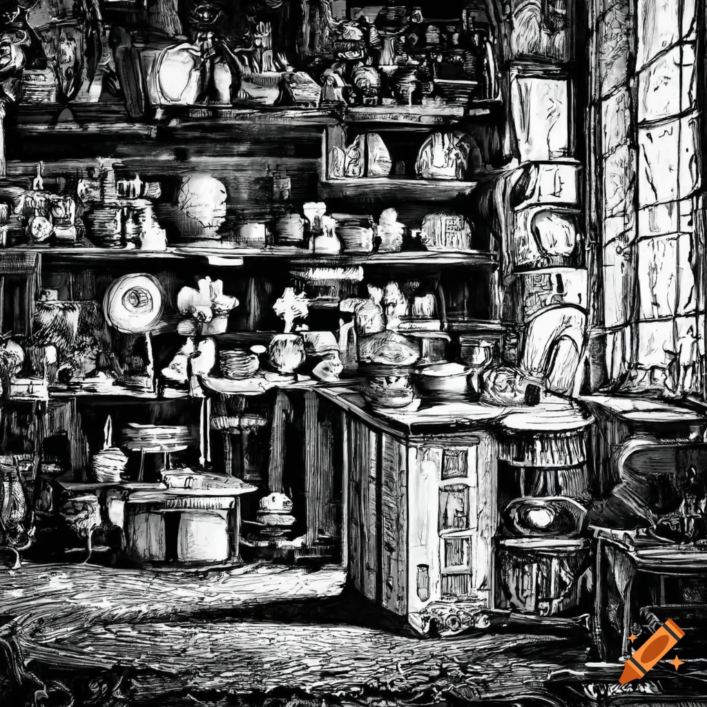 Interior of an antique store in vintage black and white drawing on Craiyon