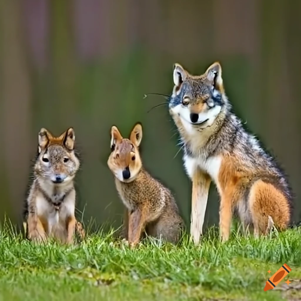 Wolf, bunny, and squirrel looking at the camera together on Craiyon
