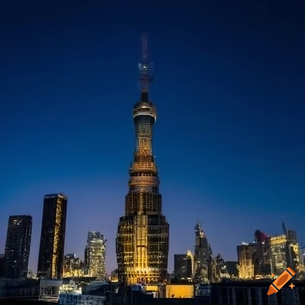 Metallic megastructure towering above the city during construction on ...