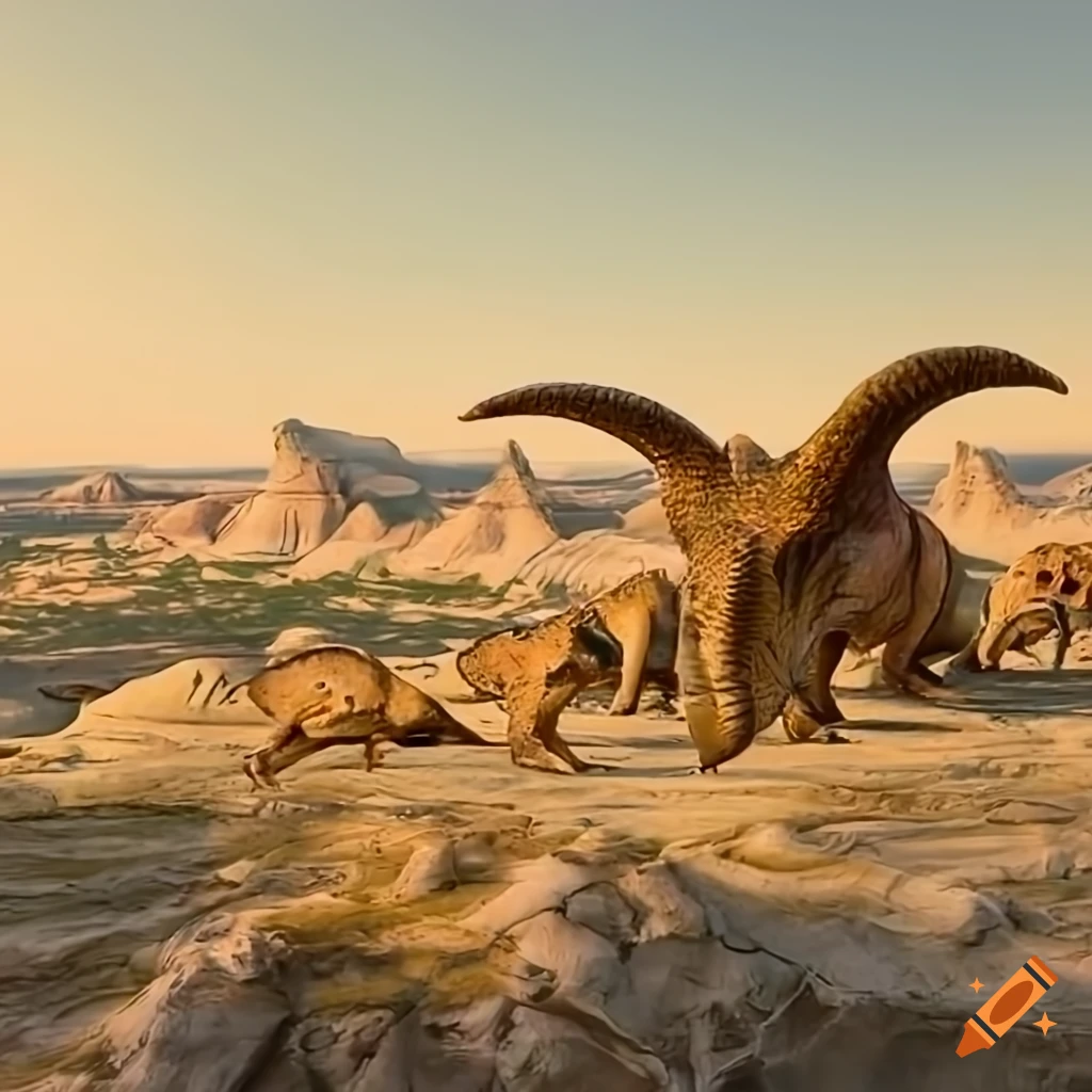 Group of baby Protoceratops with adult in Badlands landscape on Craiyon