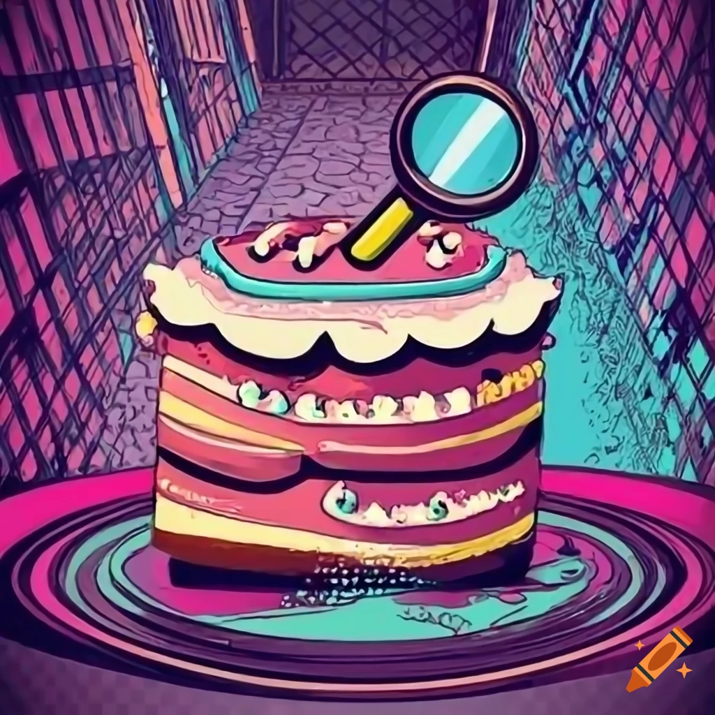 Cake with a magnifying glass solving a crime in a retro 80s style ...