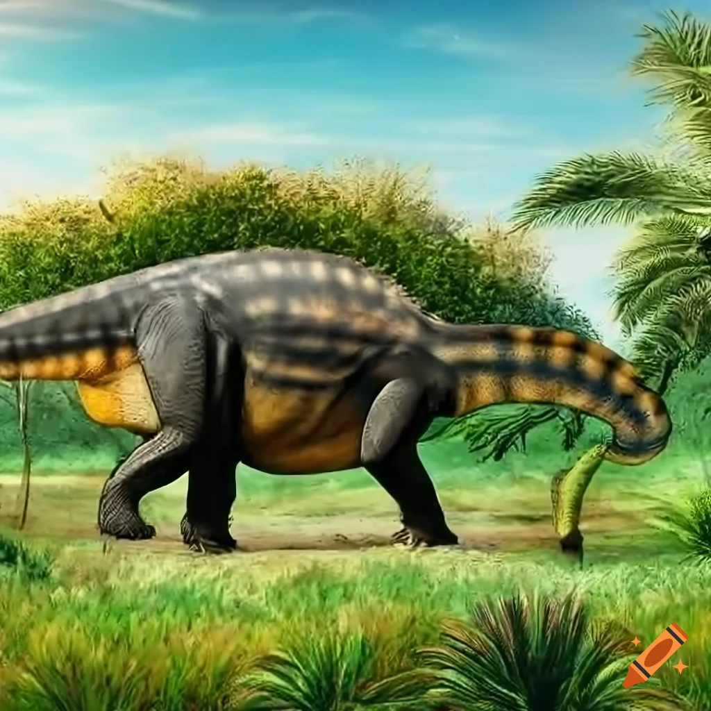 Hefty iguanodon dinosaur with intricate motley color pattern in cool ...