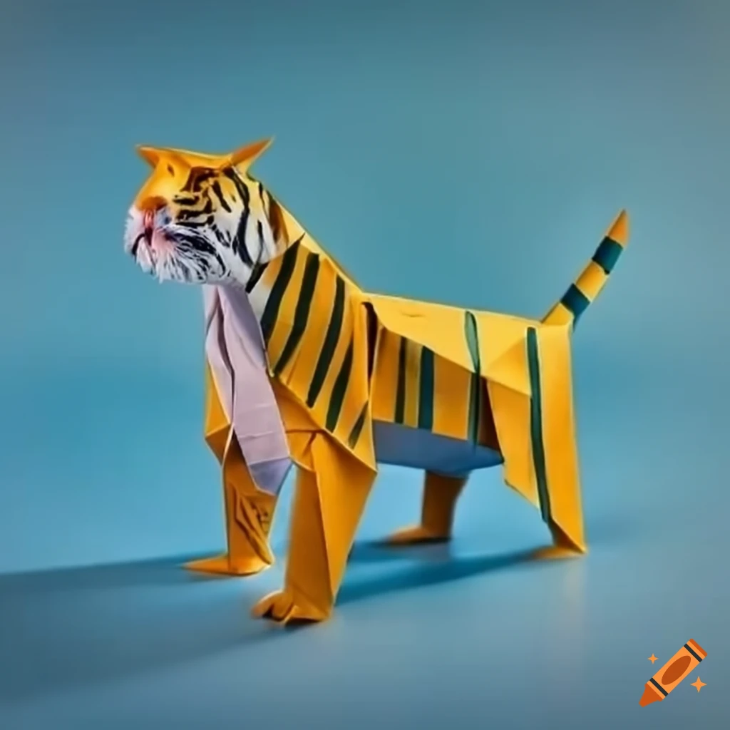 Origami tiger in yellow with blue stripes viewed from the side on Craiyon