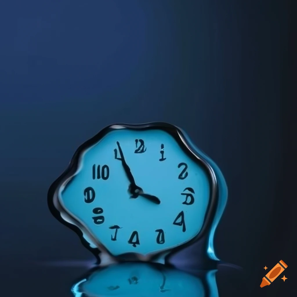 Abstract melting clock with water reflection in blue and gray tones on ...