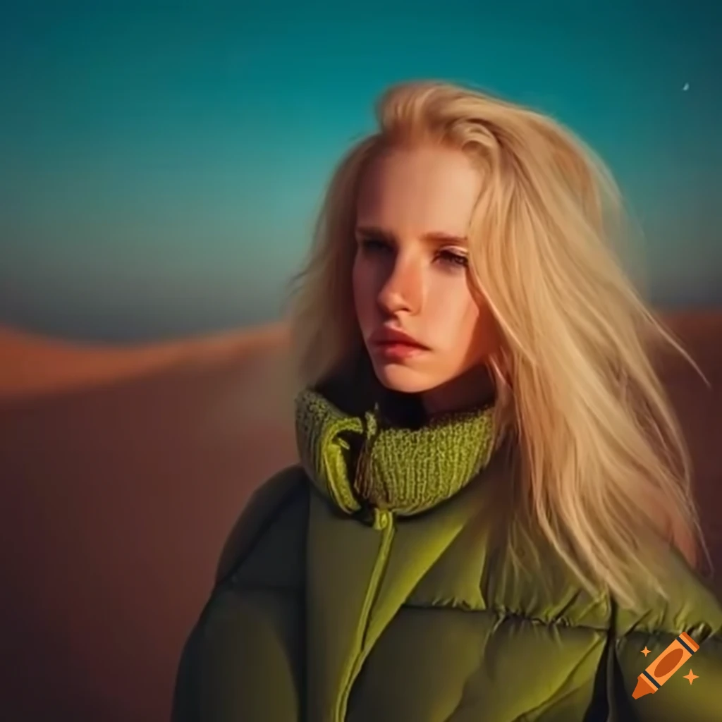 Blonde Girl In Green Long Jacket Looking In The Desert On Craiyon