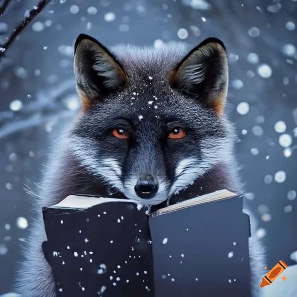 Black fox with books in winter on Craiyon