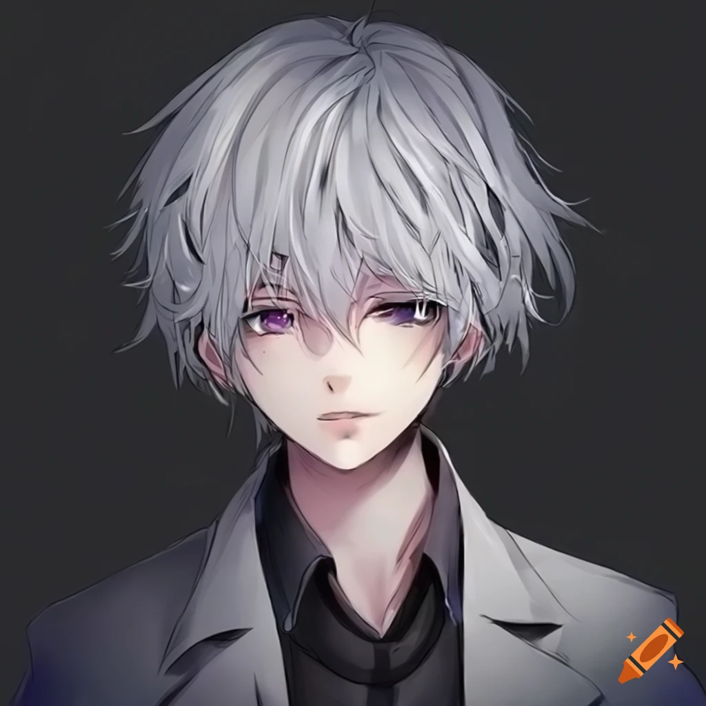 Silver hair anime boy with black eyes on Craiyon