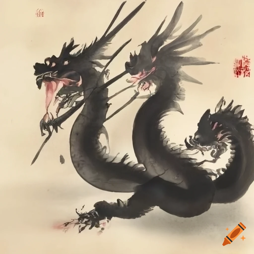 Chinese ink painting of a little coal dragon in scattered ash black ...