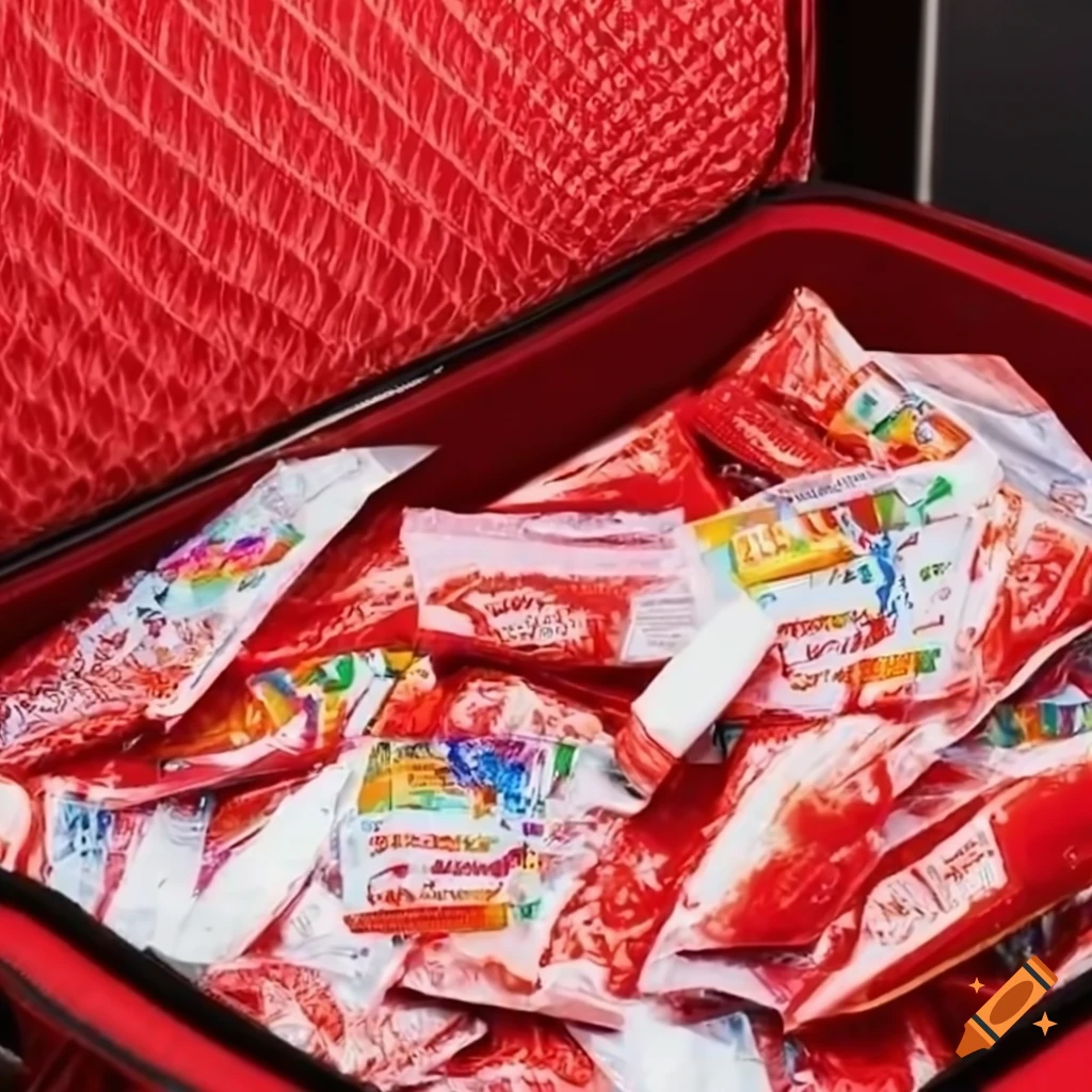 Open suitcase at airport packed with ketchup packets, salt and pepper ...