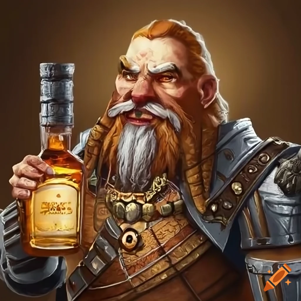 Dwarven cleric distilling whiskey on Craiyon