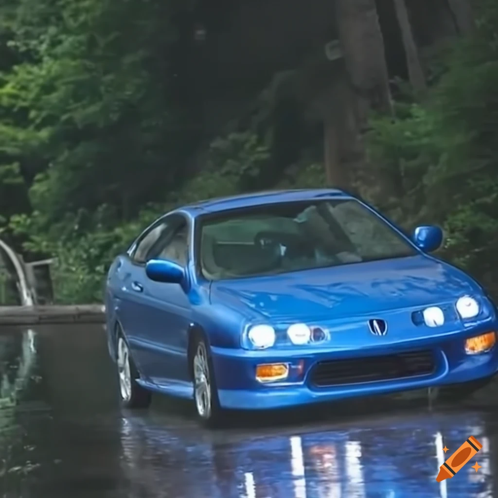 Blue 2002 Acura Integra driving on a bridge in the rain on Craiyon