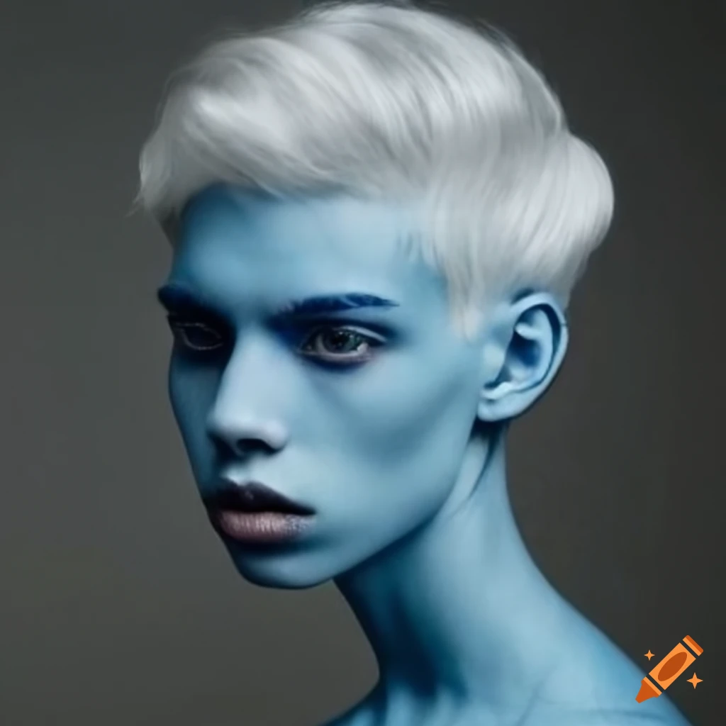 White-haired blue-skinned humanoid alien man with pointed ears on Craiyon