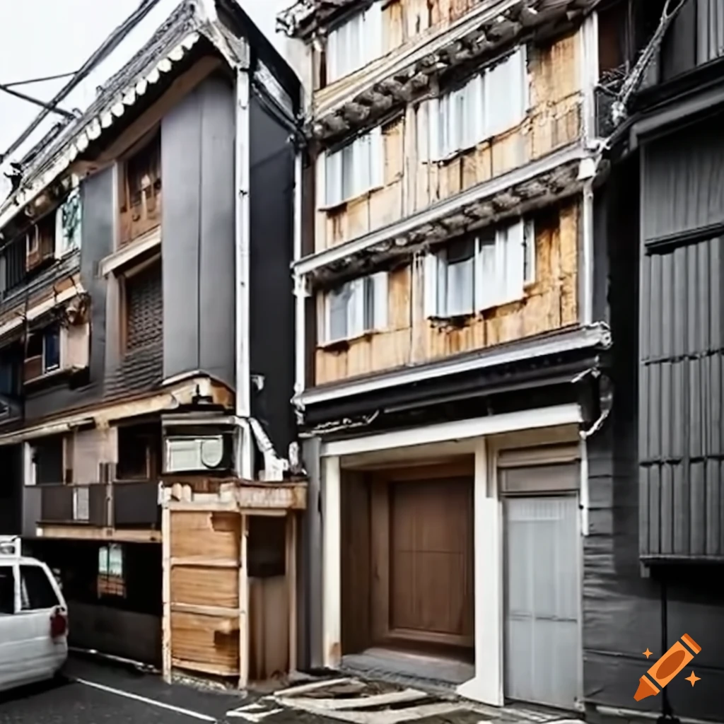 Small japanese apartment building with balconies and entrance door on ...