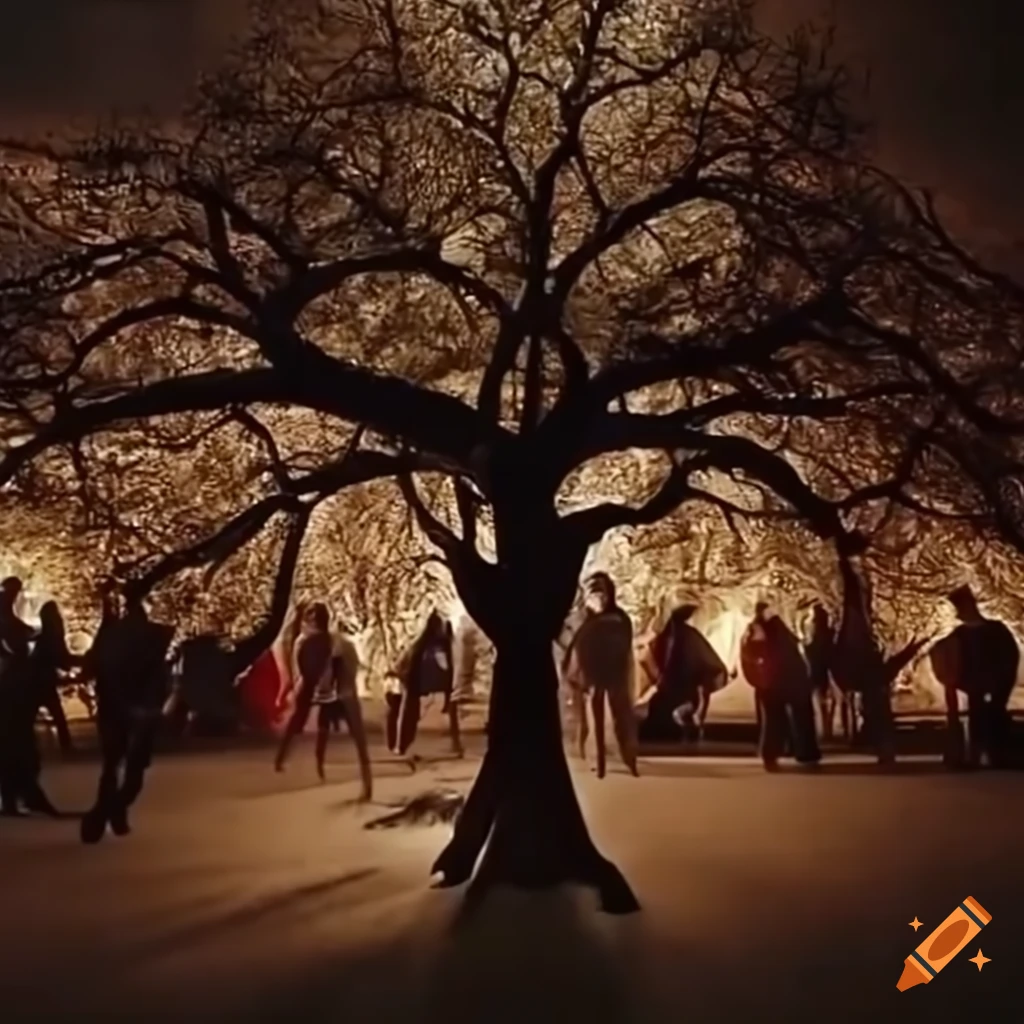 Surreal scene of two punk women in front of a large tree at night on ...