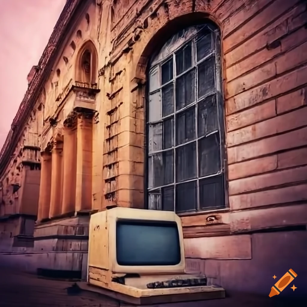 Old computer outside a historic building on Craiyon