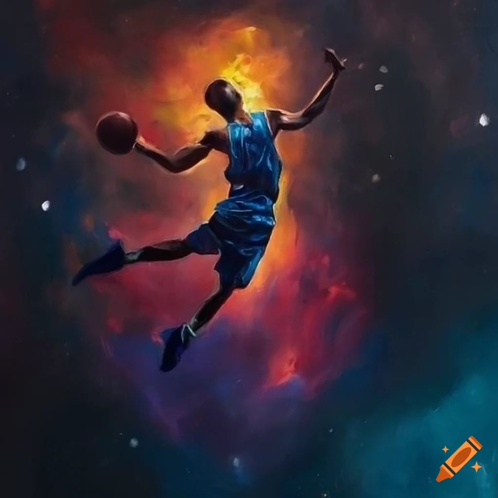 Expressive oil painting of a basketball player dunking in a nebula ...