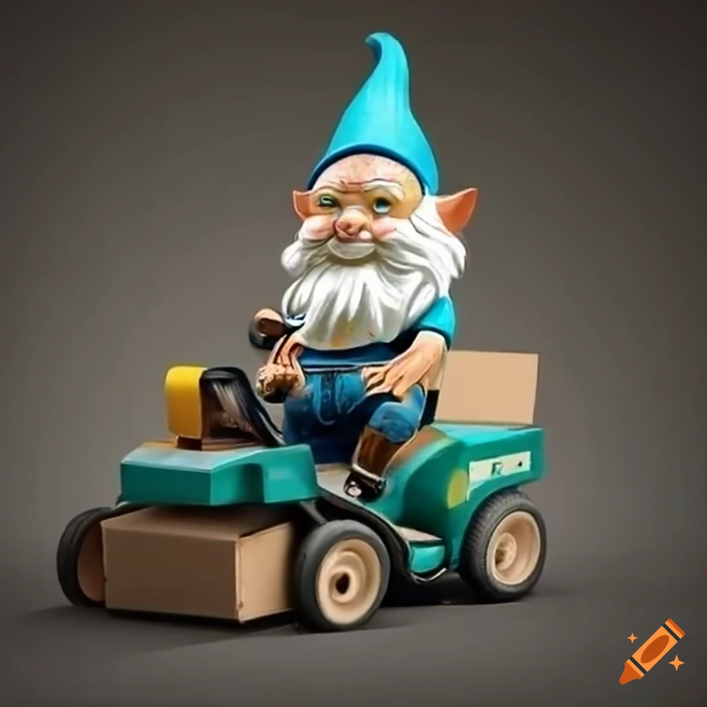 Gnome riding a ride-on mower with a trailer of moving boxes on Craiyon