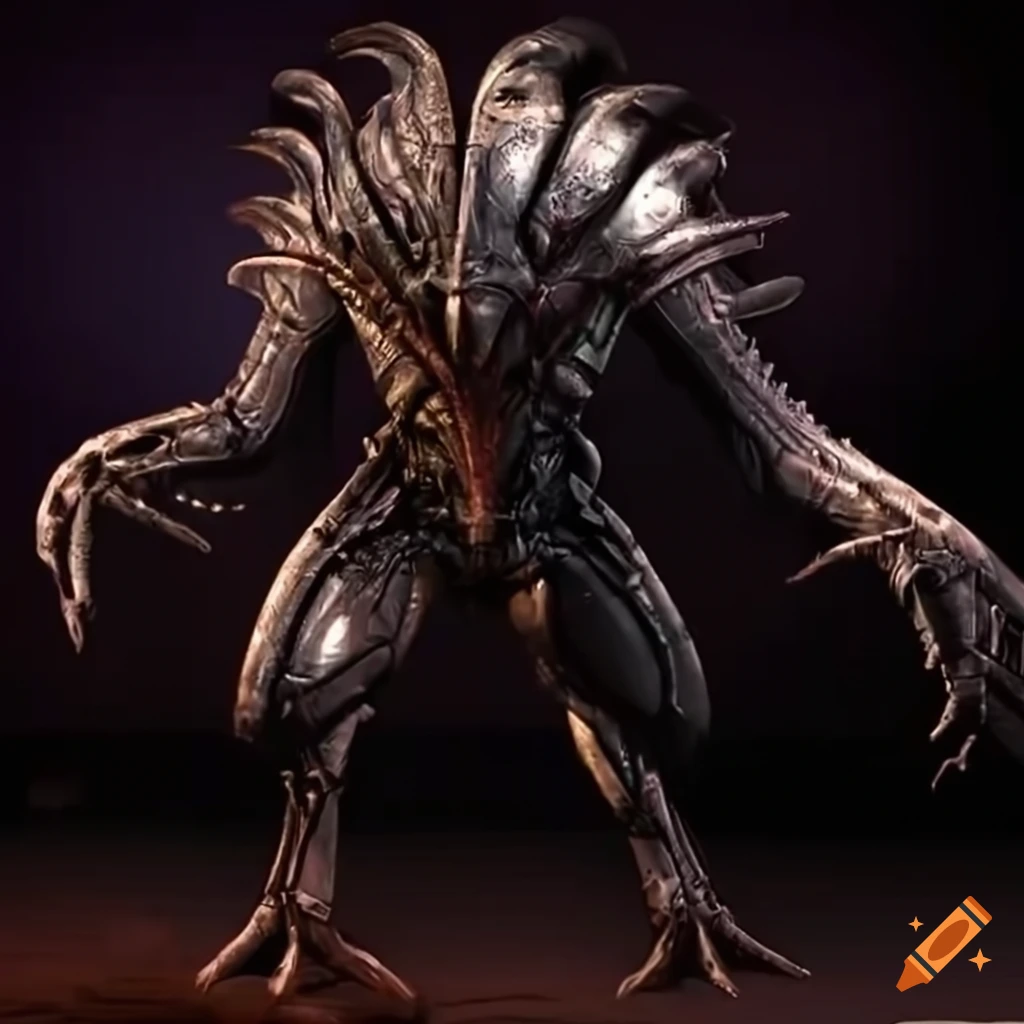 Black cybernetic insectoid alien with shark mouth and armored plates on ...