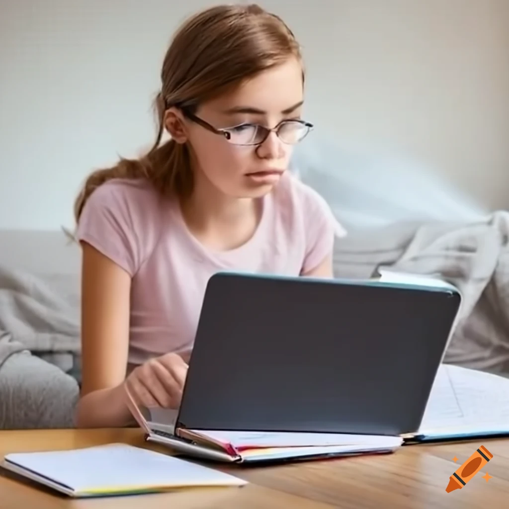 Determined student studying with a laptop and notebooks on Craiyon