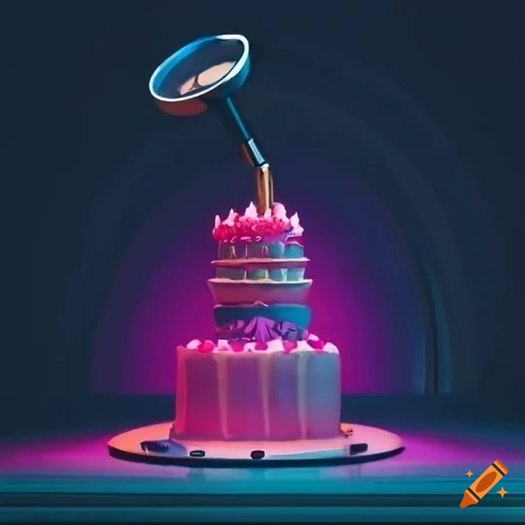 1980s-inspired cityscape with a cake wearing a magnifying glass on Craiyon