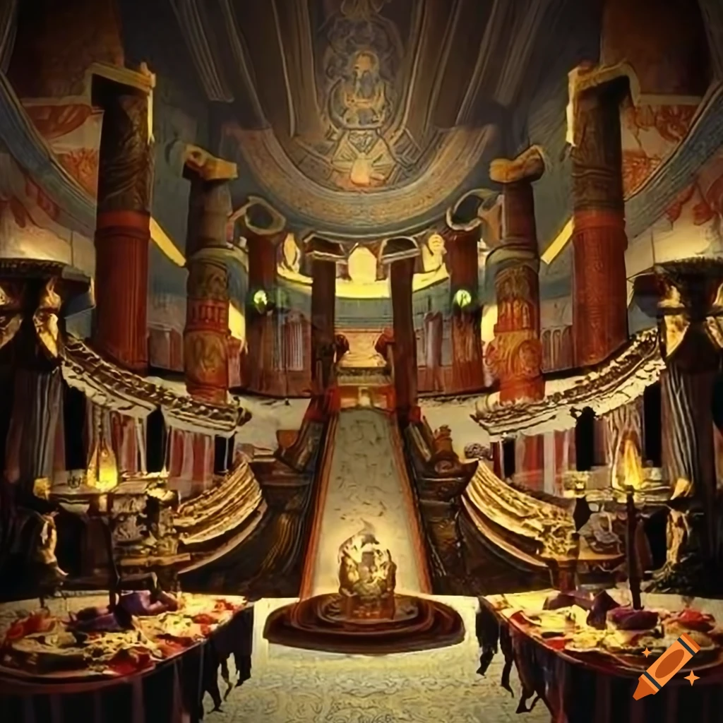 Illustration of walhalla, paradise of the gods with banquet tables and ...