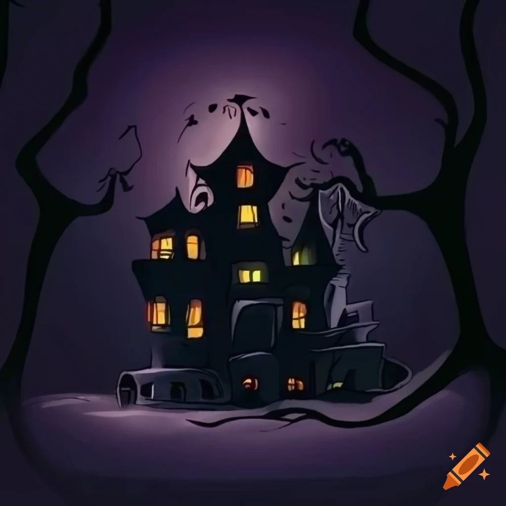 Spooky haunted house in a dark cartoon style on Craiyon