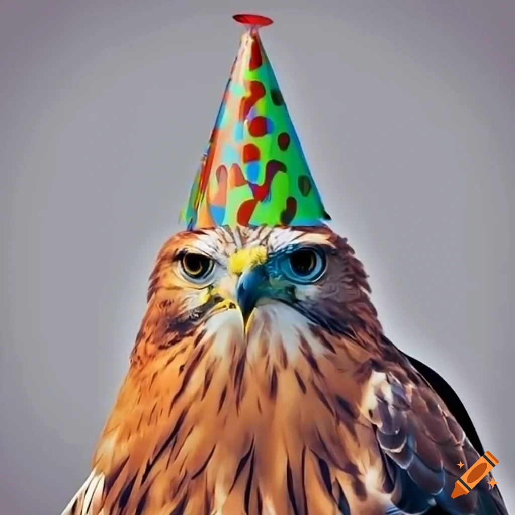 Red hawk with a birthday hat at a birthday party on Craiyon