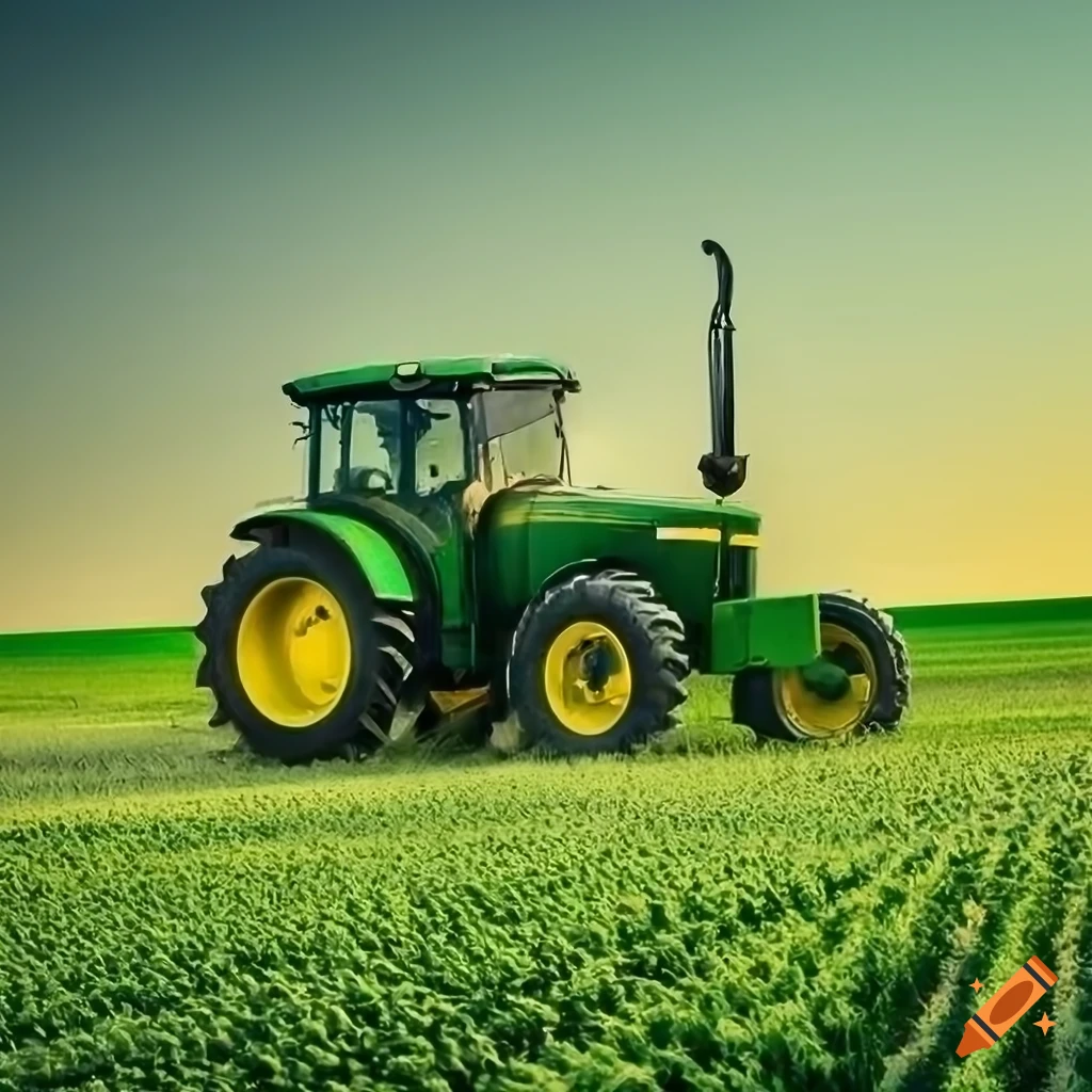 Green tractor driving through a field on Craiyon