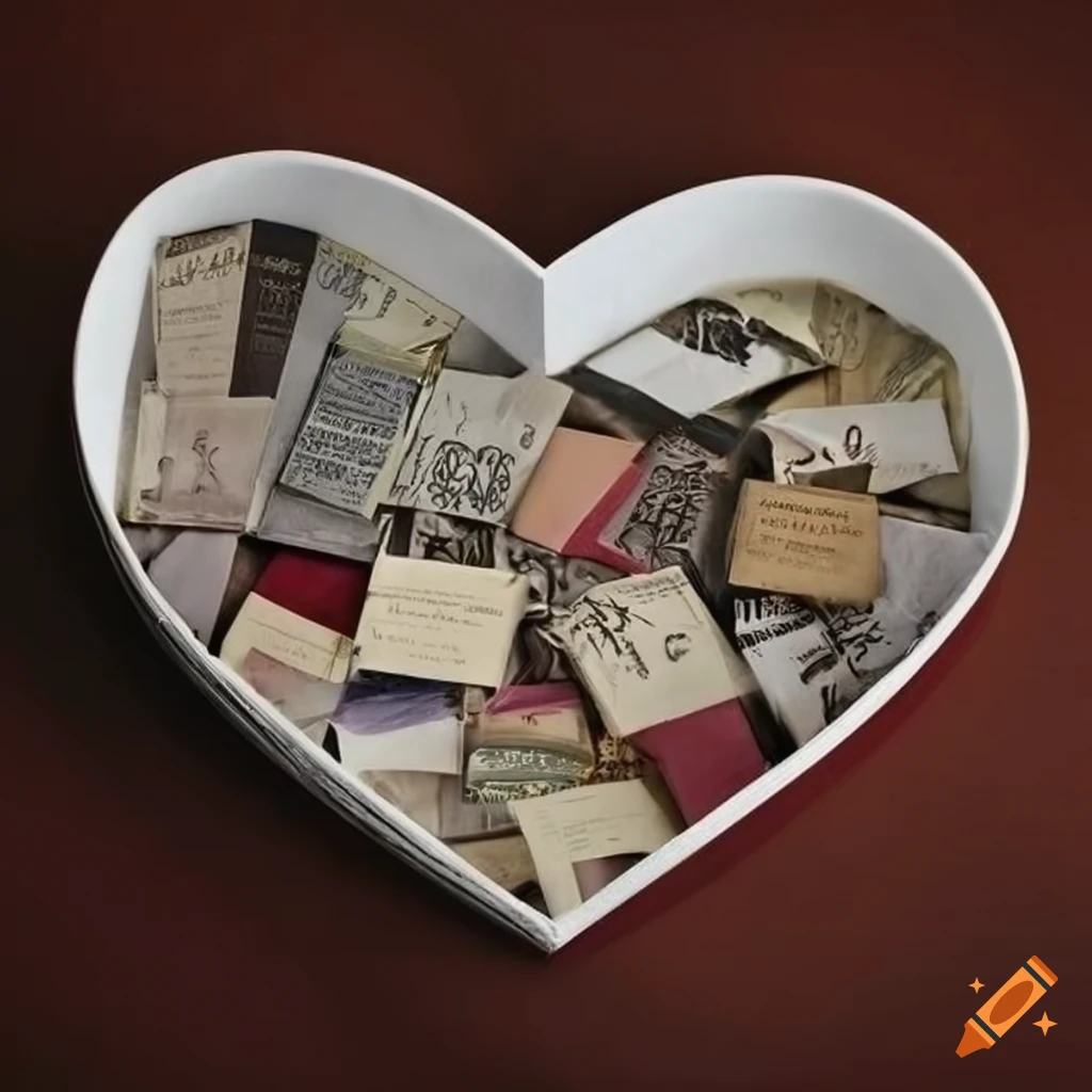 Heart-shaped box filled with written papers on Craiyon