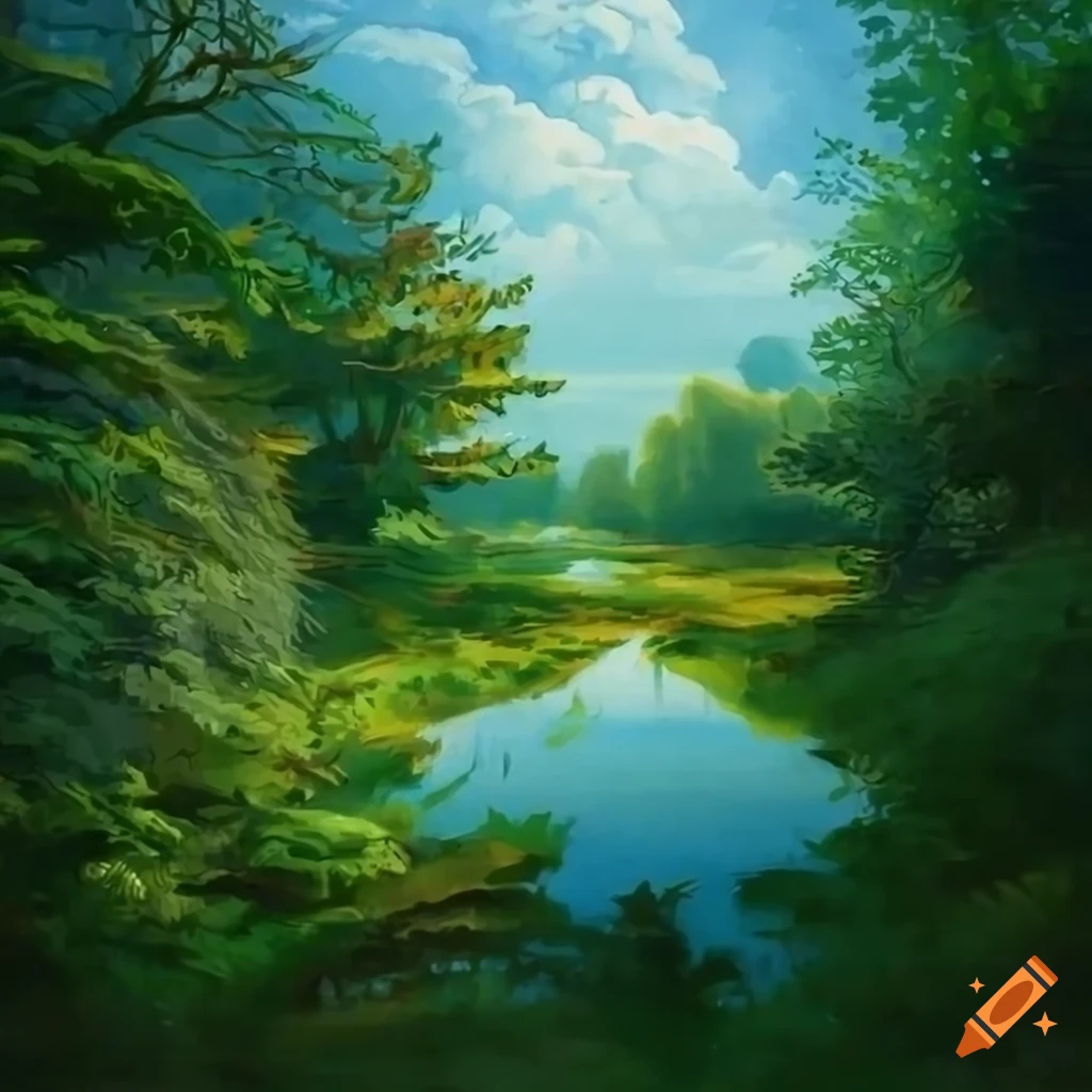 Clearing in a beautiful forest with a small pond and lush vegetation on ...