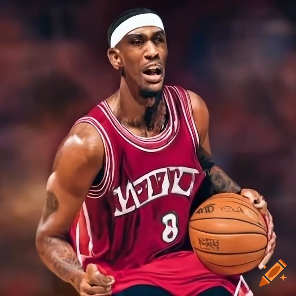 NBA basketball player in a bright red jersey dribbling and scoring on ...
