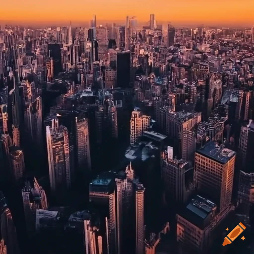 Aerial view of modern city skyline with reflections of city life in the ...