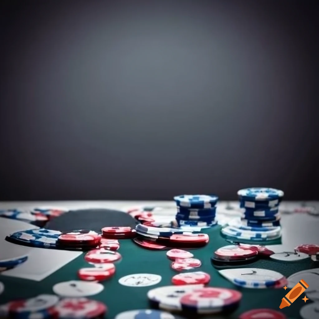 Black and white poker table with chips in the foreground and a chair in ...
