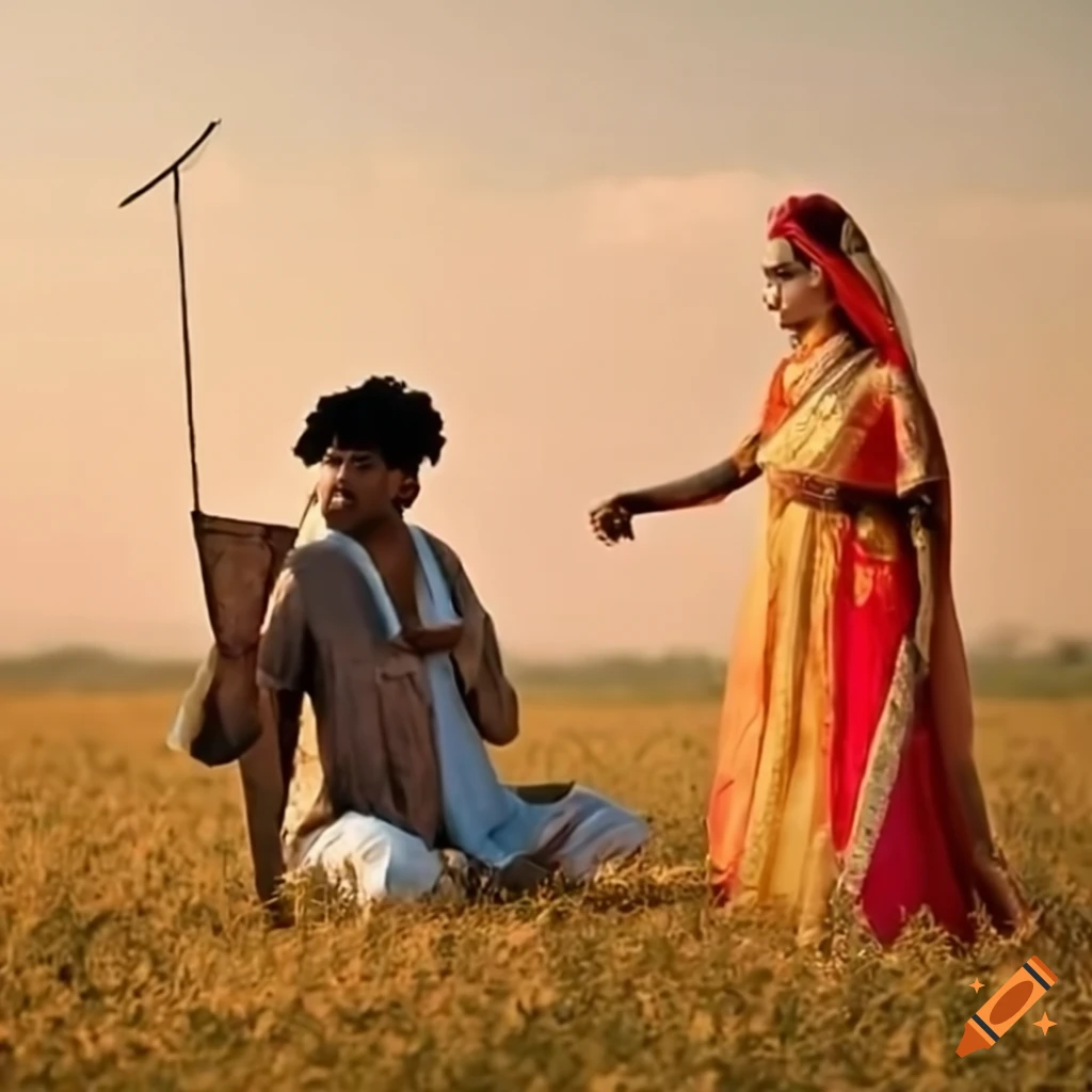 Two couples working in a field, one dressed as a broker and the other ...