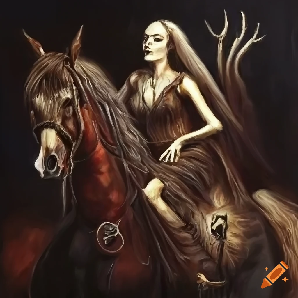 Skeletal witch riding a horse in an occult oil painting on Craiyon