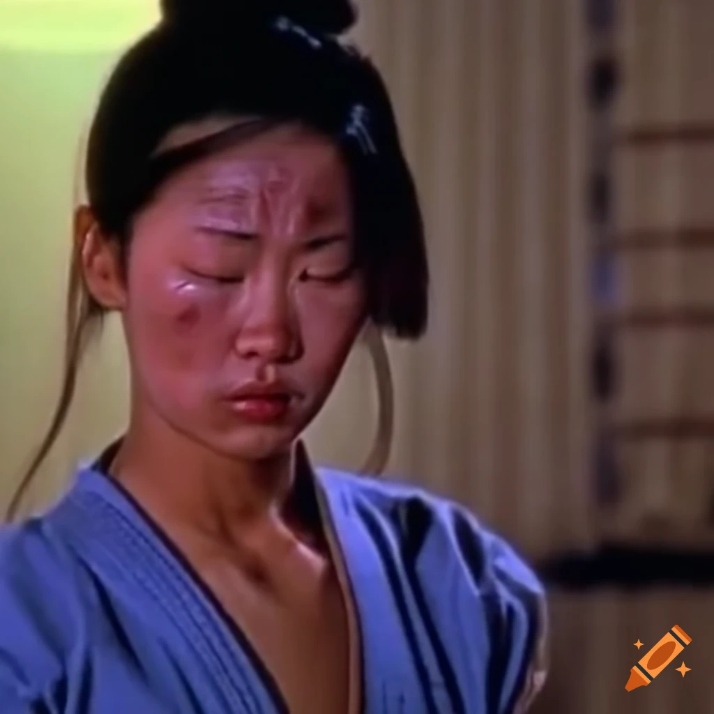 Asian American woman martial arts fighter with bruised face and closed ...