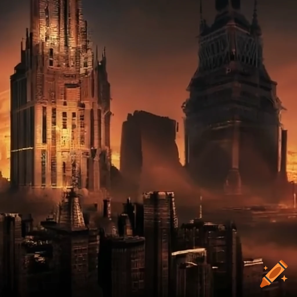 Dystopian landscape with crumbling trump tower in a war setting on Craiyon