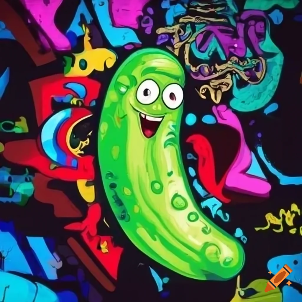 Cartoon hippy pickle surrounded by colorful graffiti on Craiyon