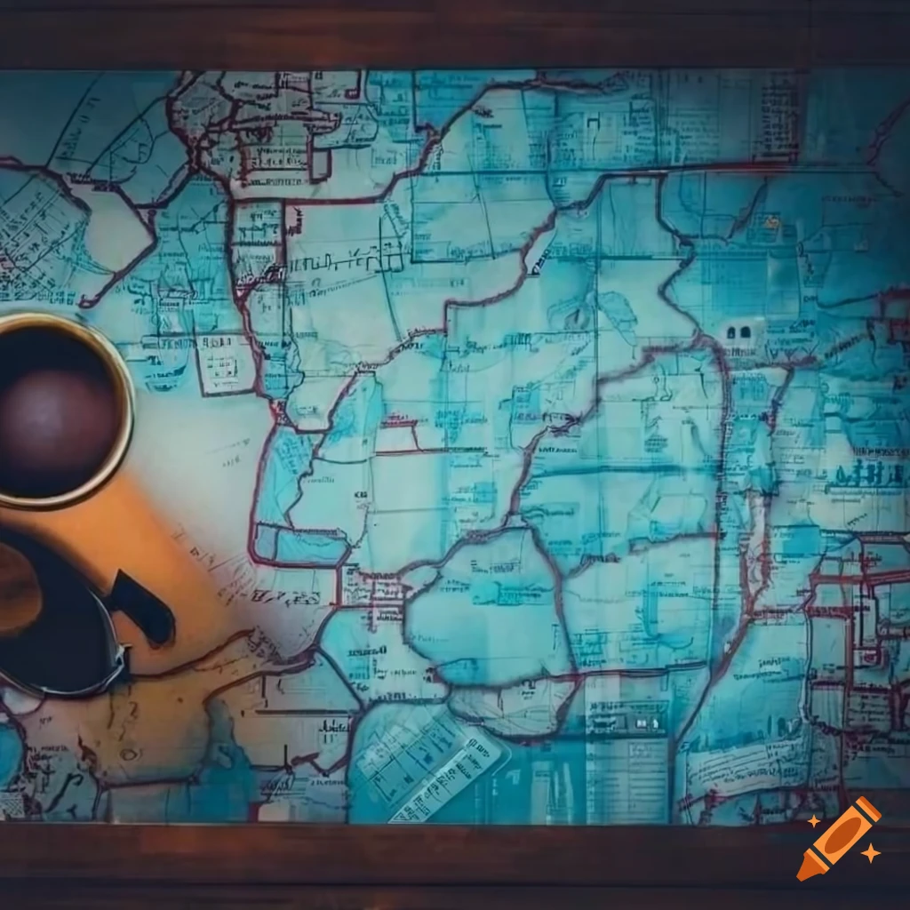 Top view of an old desk with a large district map on Craiyon