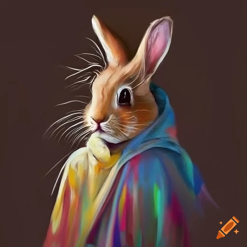 Scared anthropomorphic rabbit in feather cloak on Craiyon